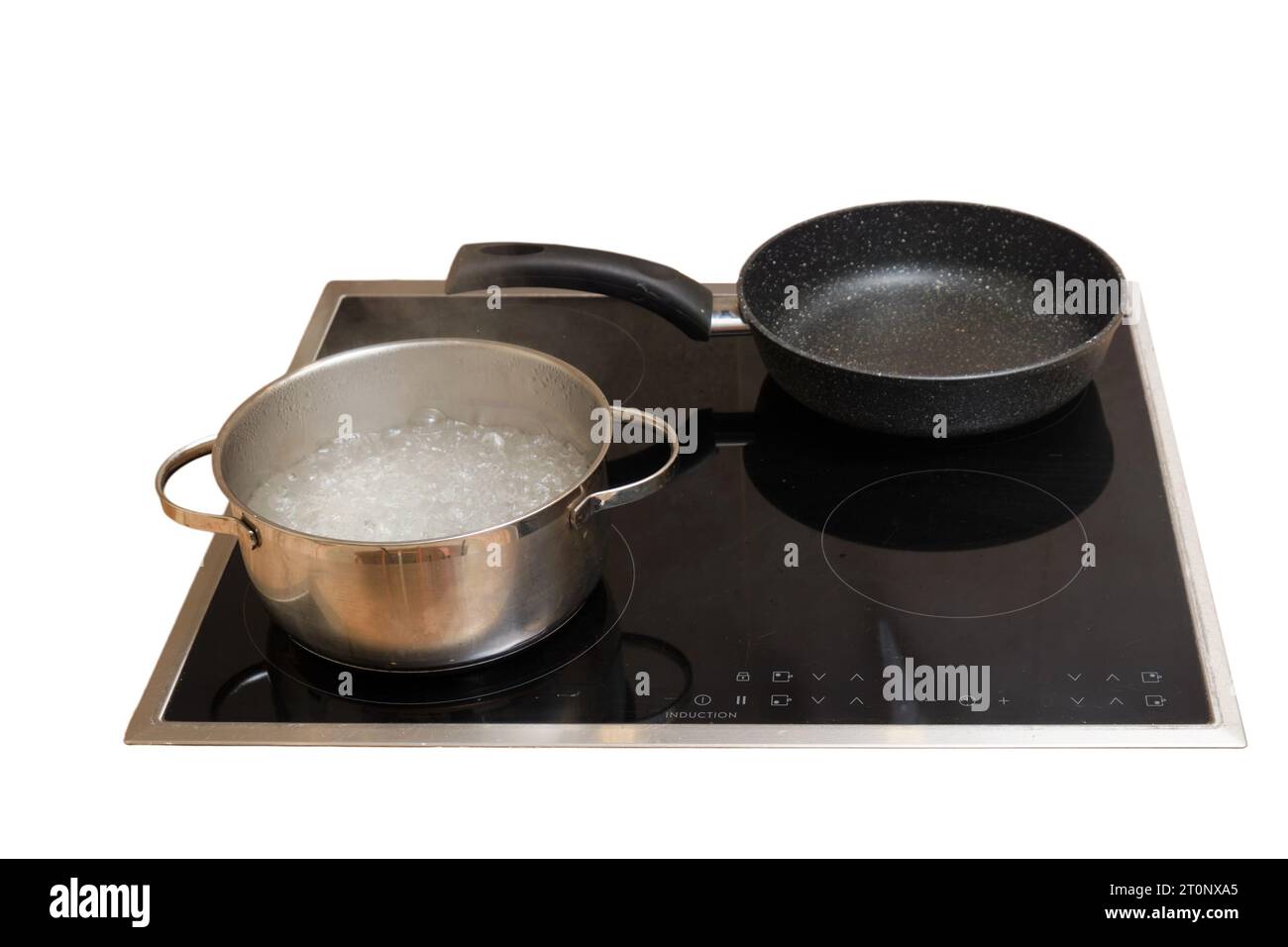 A pot of boiling water on a hot stove, isolated on white background ...