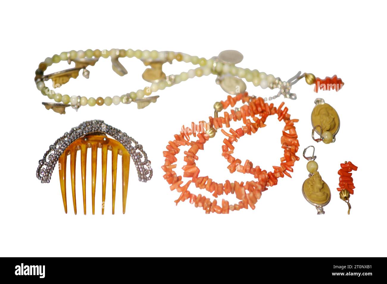 Jewelry of the early 19th century with metal and beads decoration ...