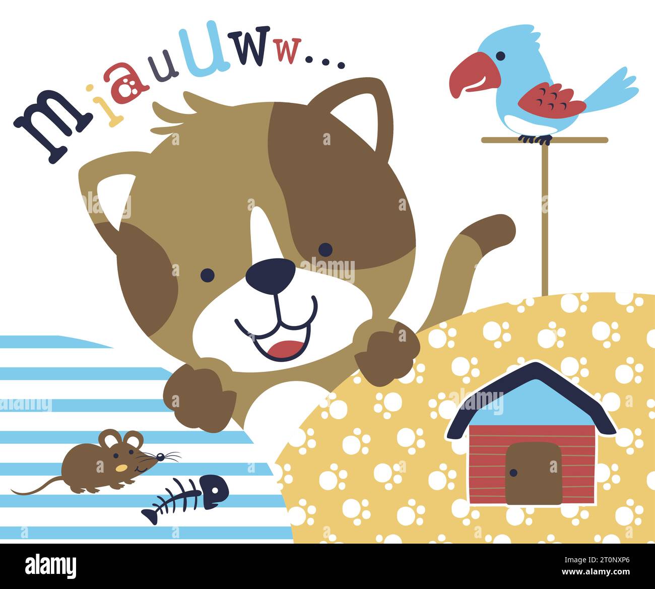 Funny cat with bird and mouse, vector cartoon illustration Stock Vector ...