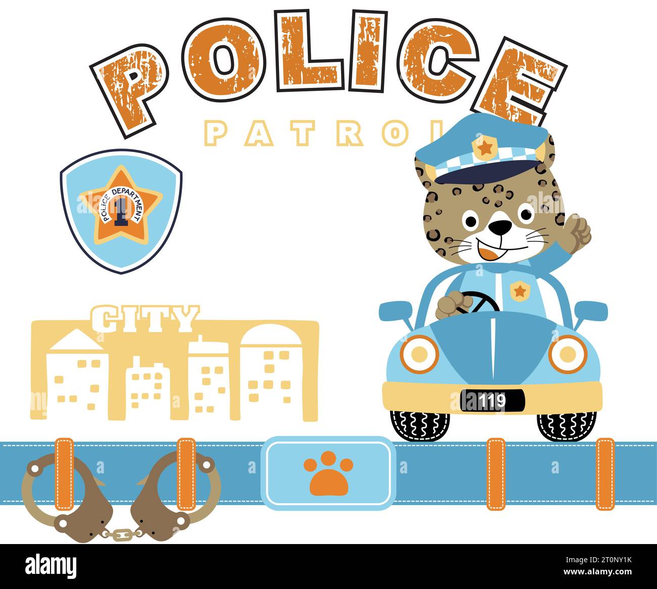 Funny cat on police car with police element, vector cartoon ...