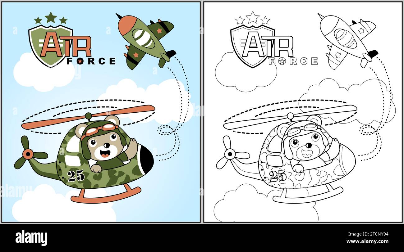 Cute bear pilot on helicopter with military airplane, coloring book or ...