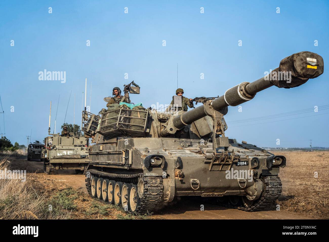 08 November 2023, Israel, Sderot: Military vehicles are seen after ...