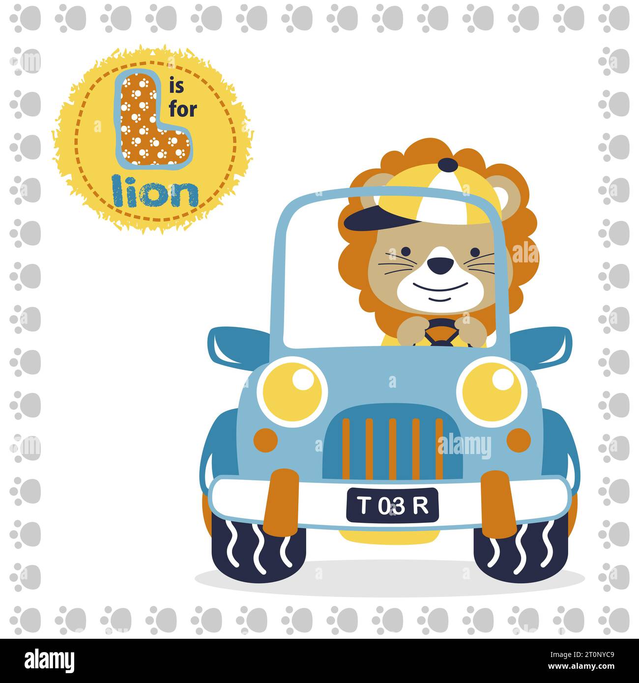 cute lion driving car in footpath frame border, cartoon vector ...