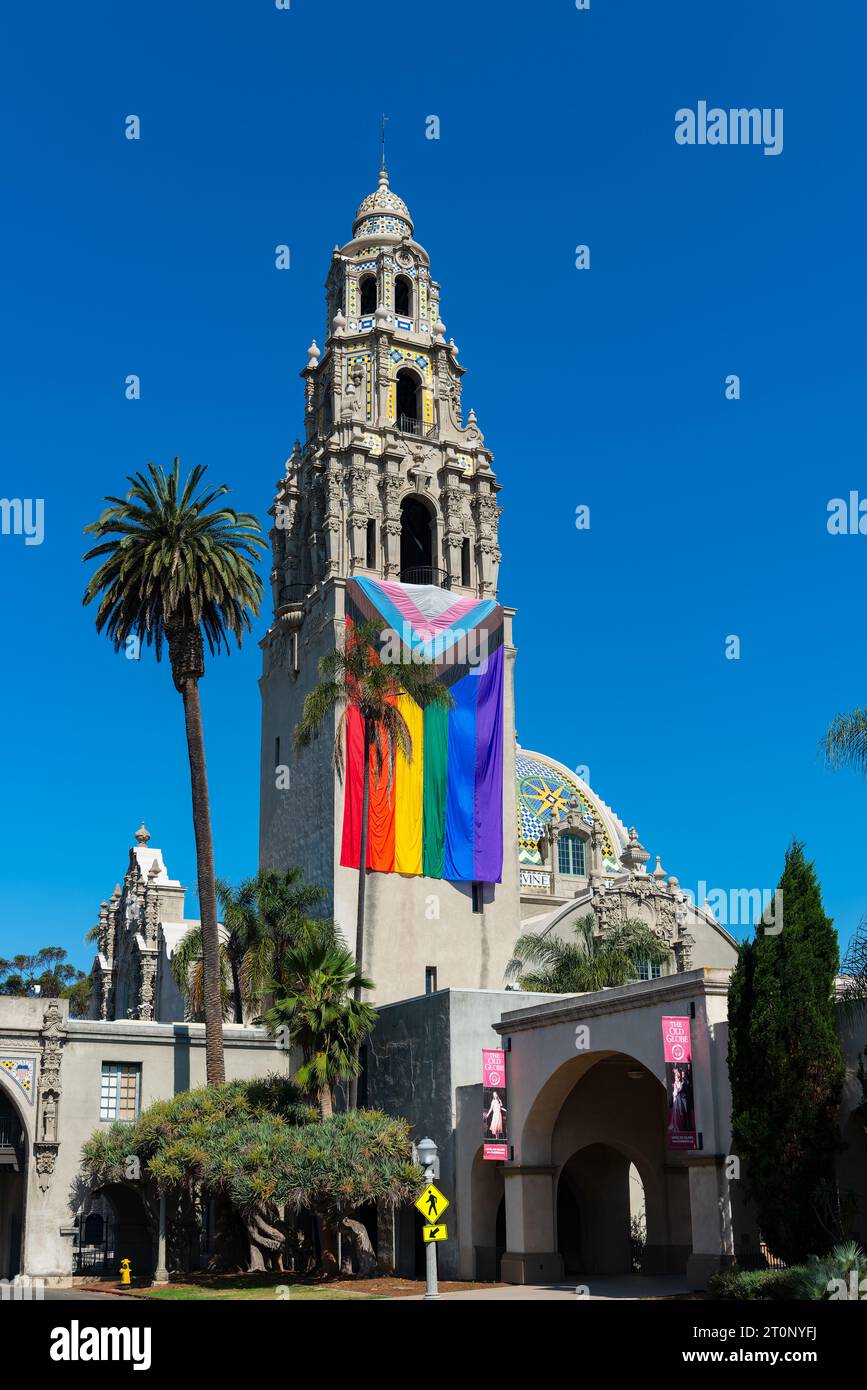 The historic California Tower displays a large Progress Pride Flag ...