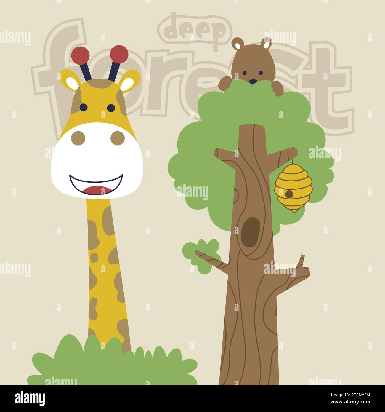 Funny giraffe with little bear on tree, vector cartoon illustration ...