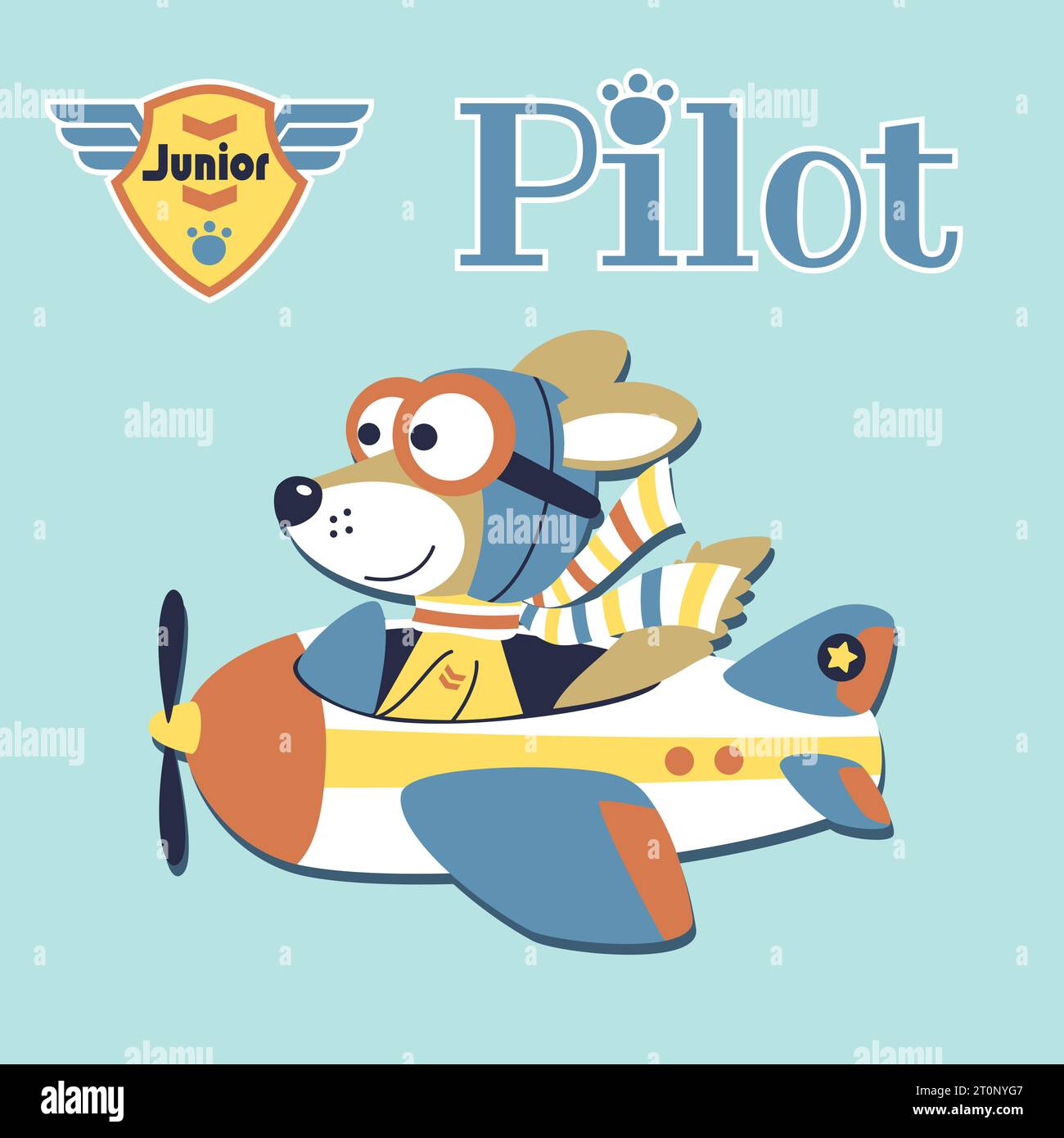 funny wolf pilot on airplane with flight logo, vector cartoon ...