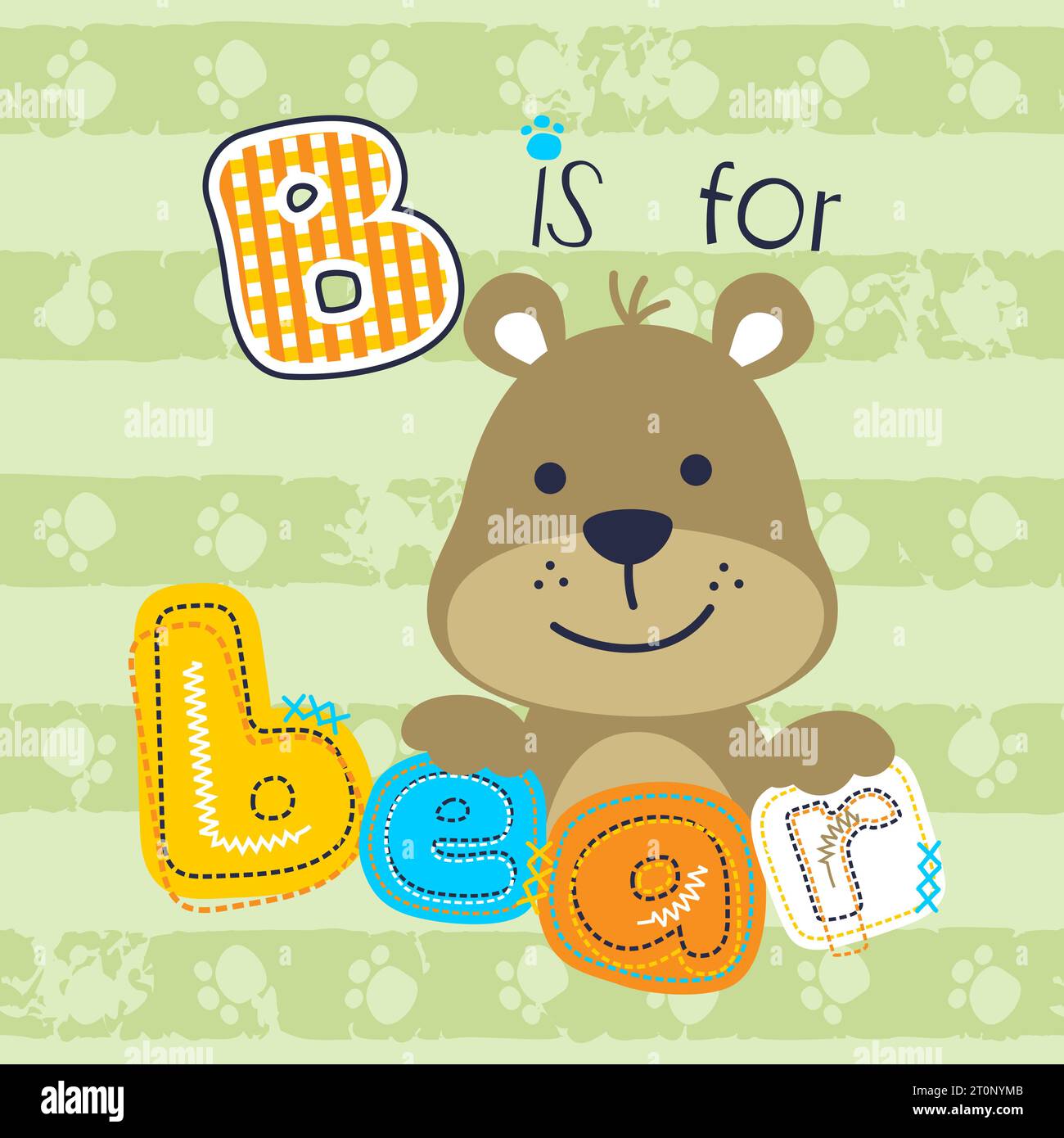 little bear on striped background with colorful alphabet, vector ...