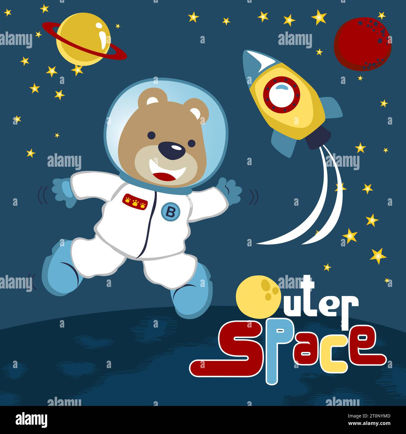 funny bear in astronaut costume in space with space elements, vector ...