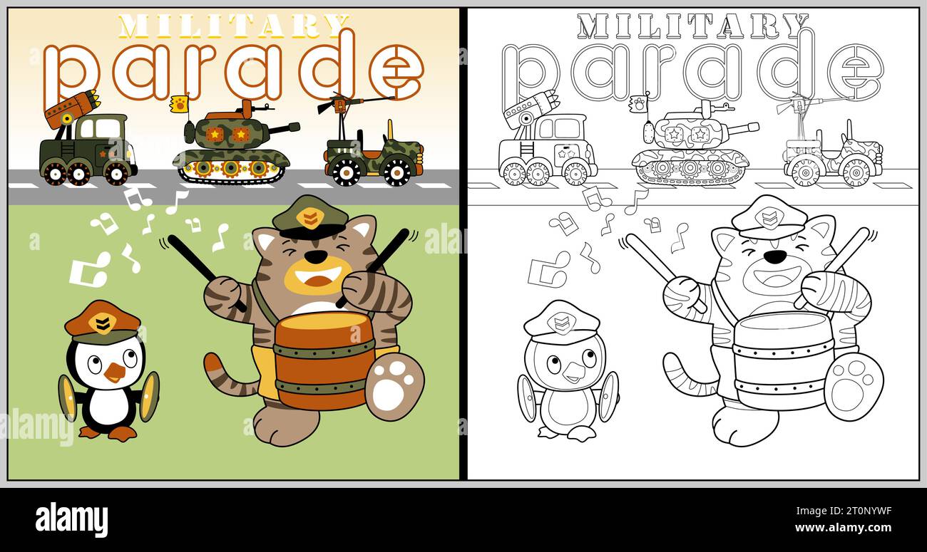 vector cartoon of military parade with cat and penguin, coloring book ...