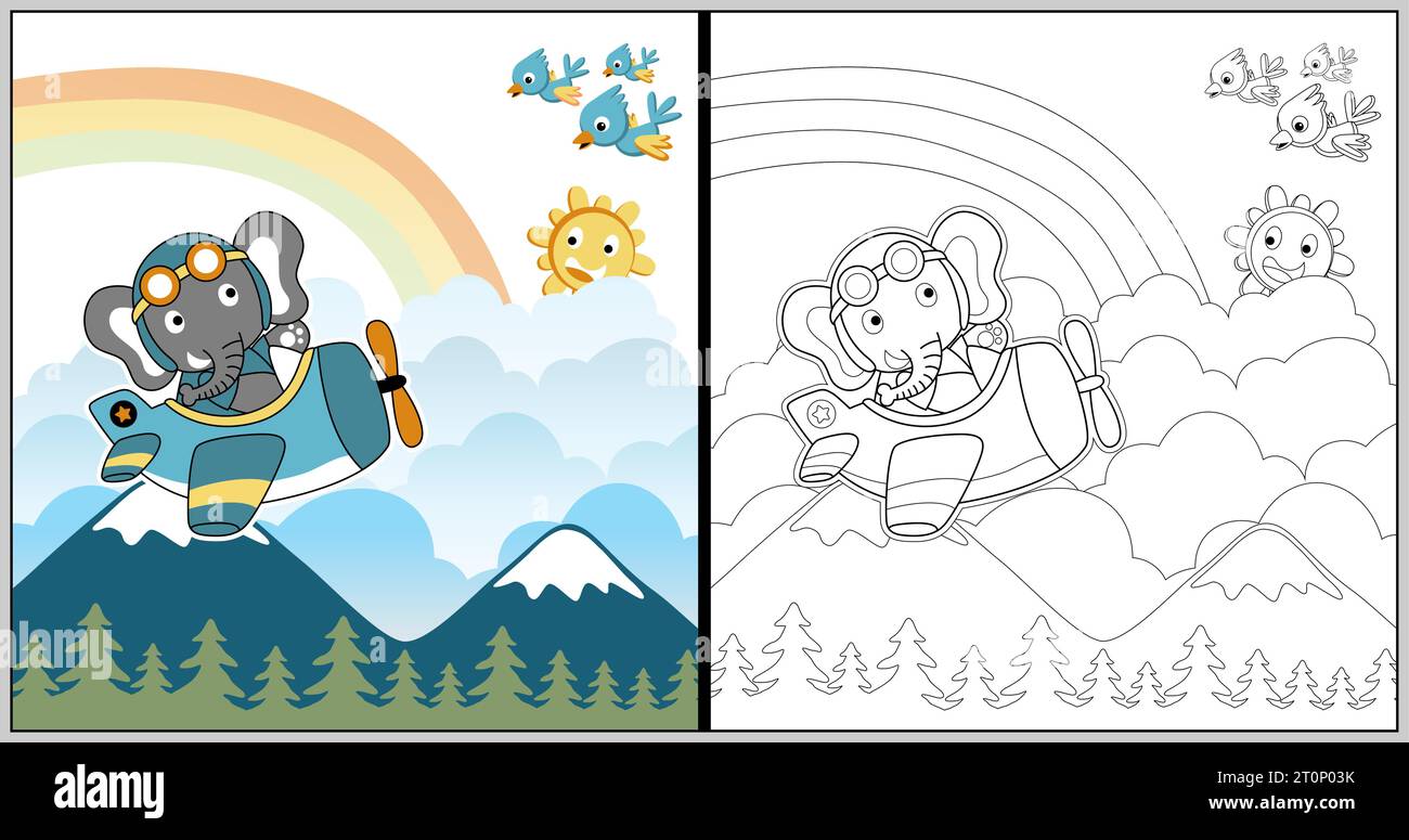 Cartoon cute elephant on airplane with birds and smiling sun, vector ...