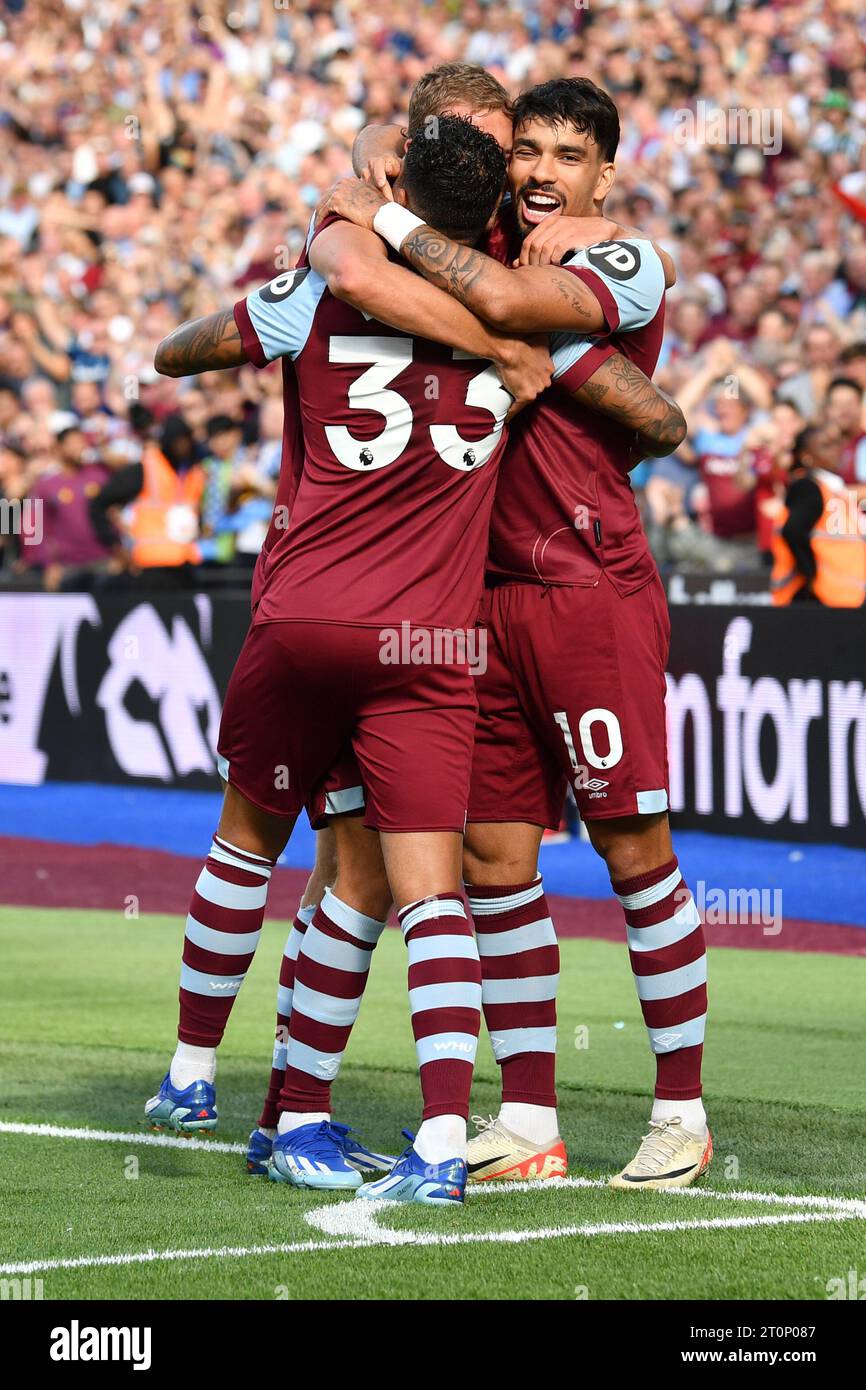 London, UK. 8th October, 2023. Thomas Soucek of West Ham United scores ...