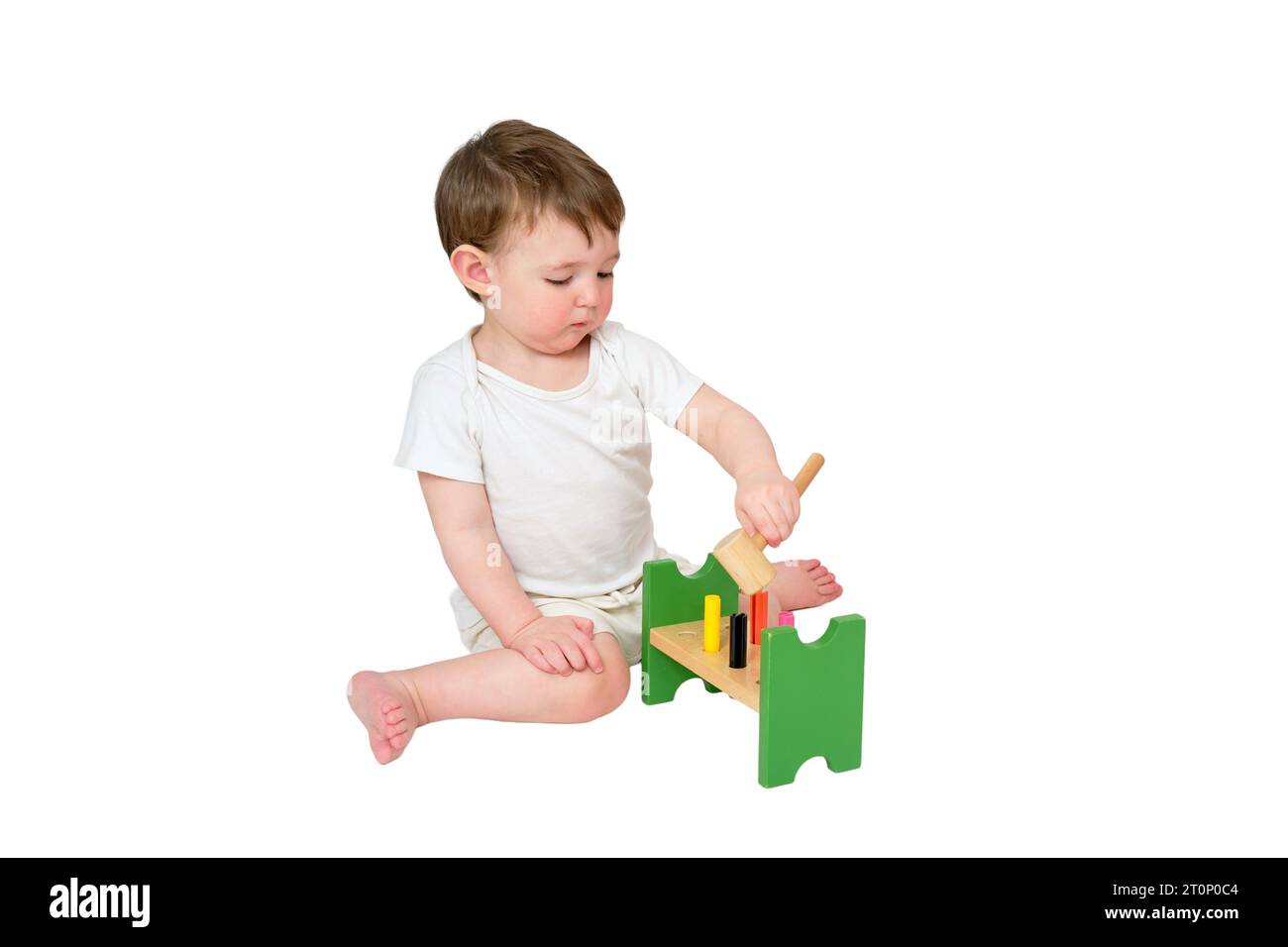 Happy baby play educational toys on studio, isolated on white ...