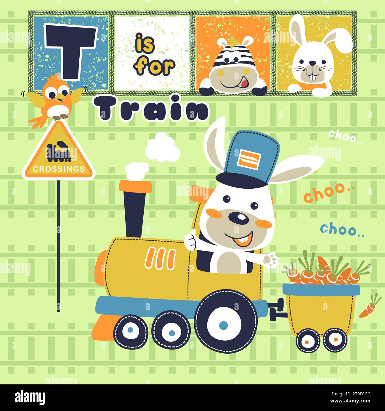 funny rabbit on steam train with friends, vector cartoon illustration ...