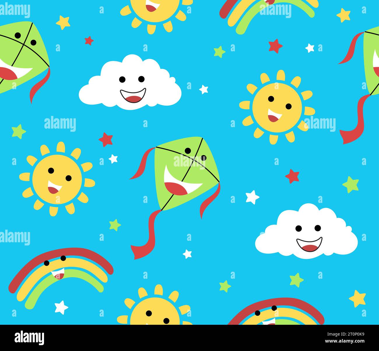 vector seamless pattern of smiling sky objects cartoon with funny kite ...