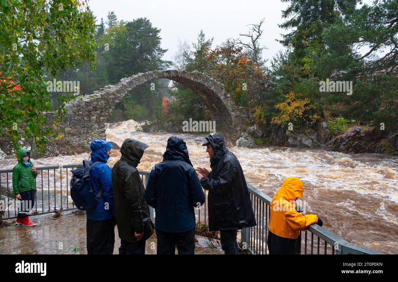 Carrbridge, Scotland, UK. 8th October 2023. The River Dulnain tin spate ...