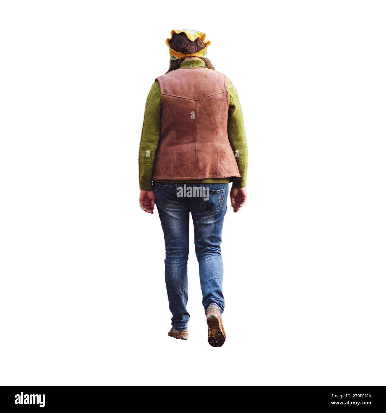 Back view of a adult woman walking on the path in autumn park, isolated ...