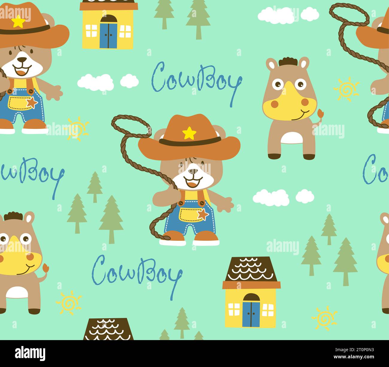 seamless pattern vector of cartoon bear cowboy with horse and home ...