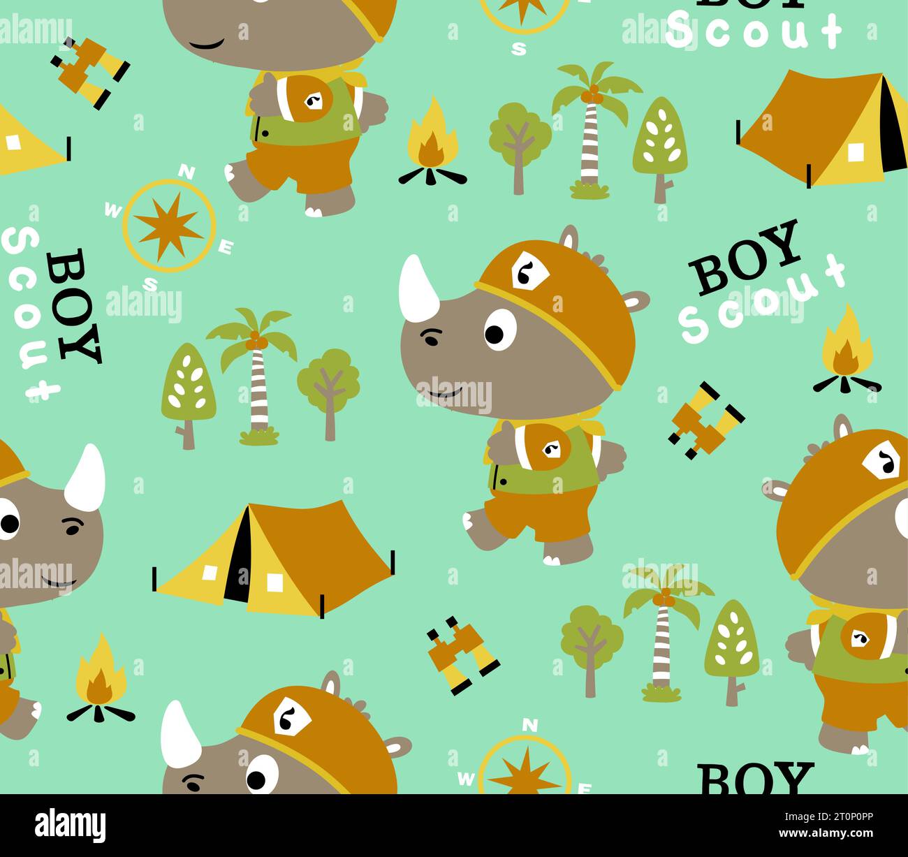 seamless pattern vector of cartoon little rhino in scout uniform with encampment elements Stock ...