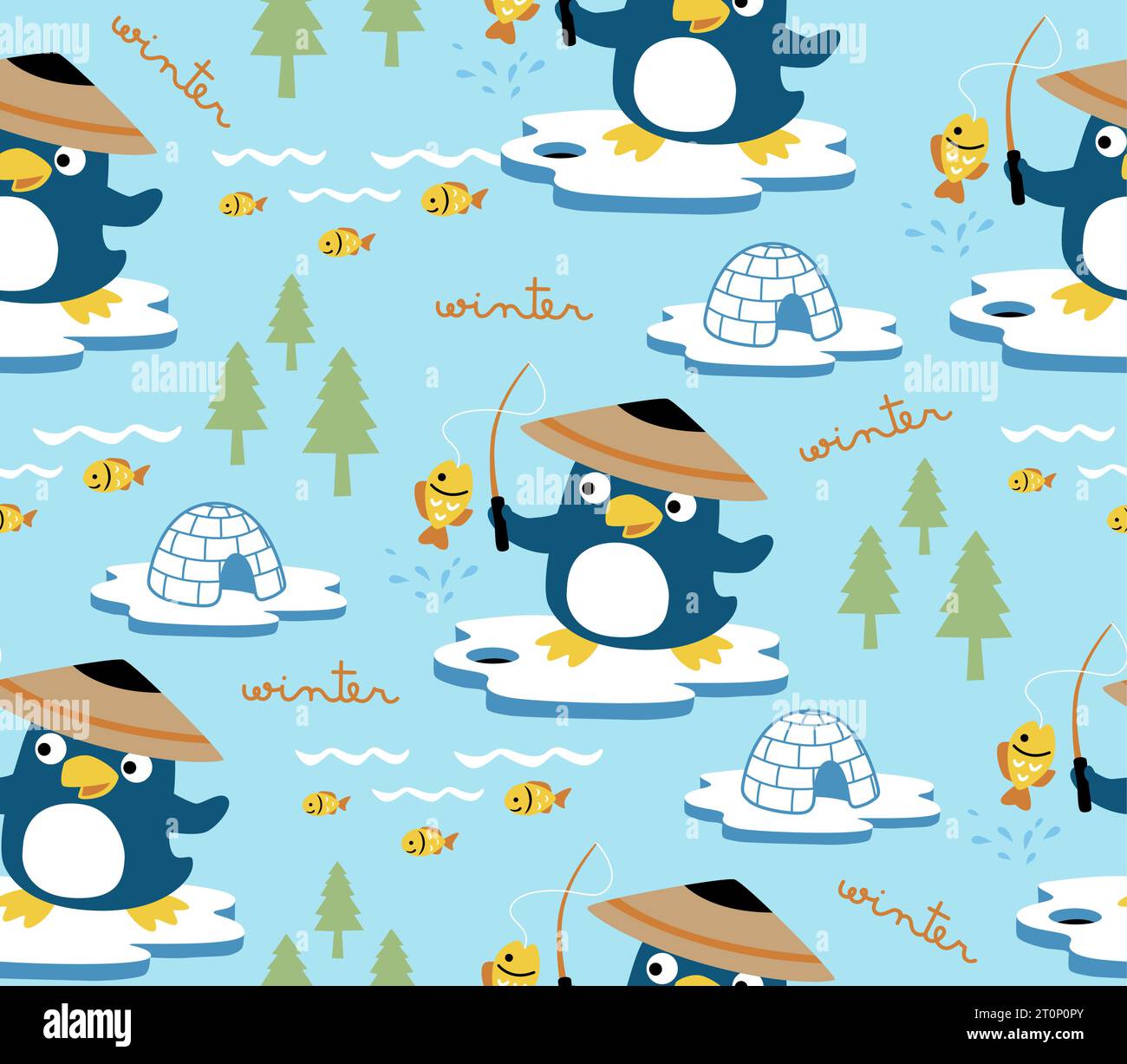 seamless pattern vector of cartoon cute penguin fishing in north pole ...
