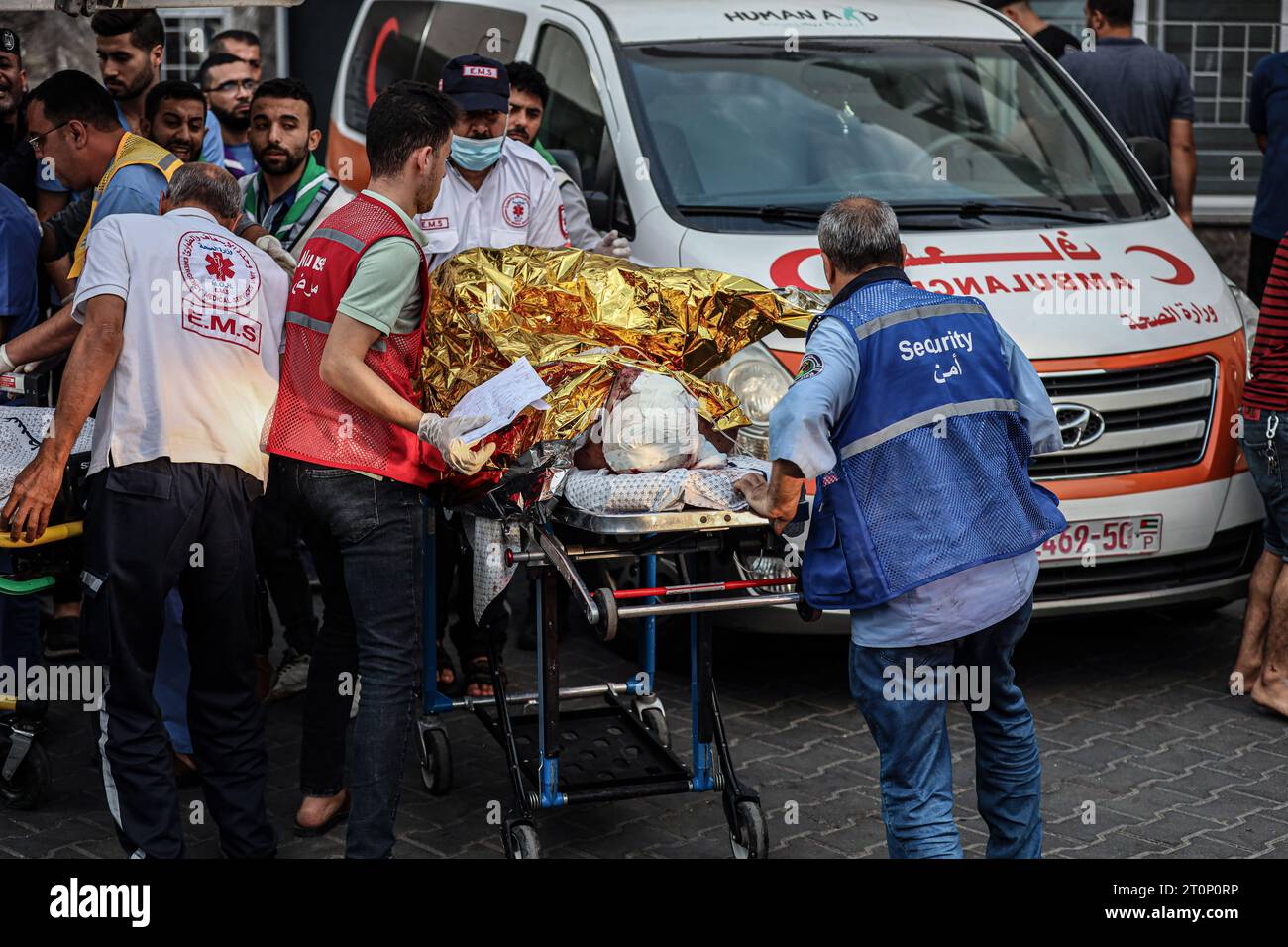 October 8, 2023, Gaza, Gaza, Palestine: Ambulance personnel transport ...