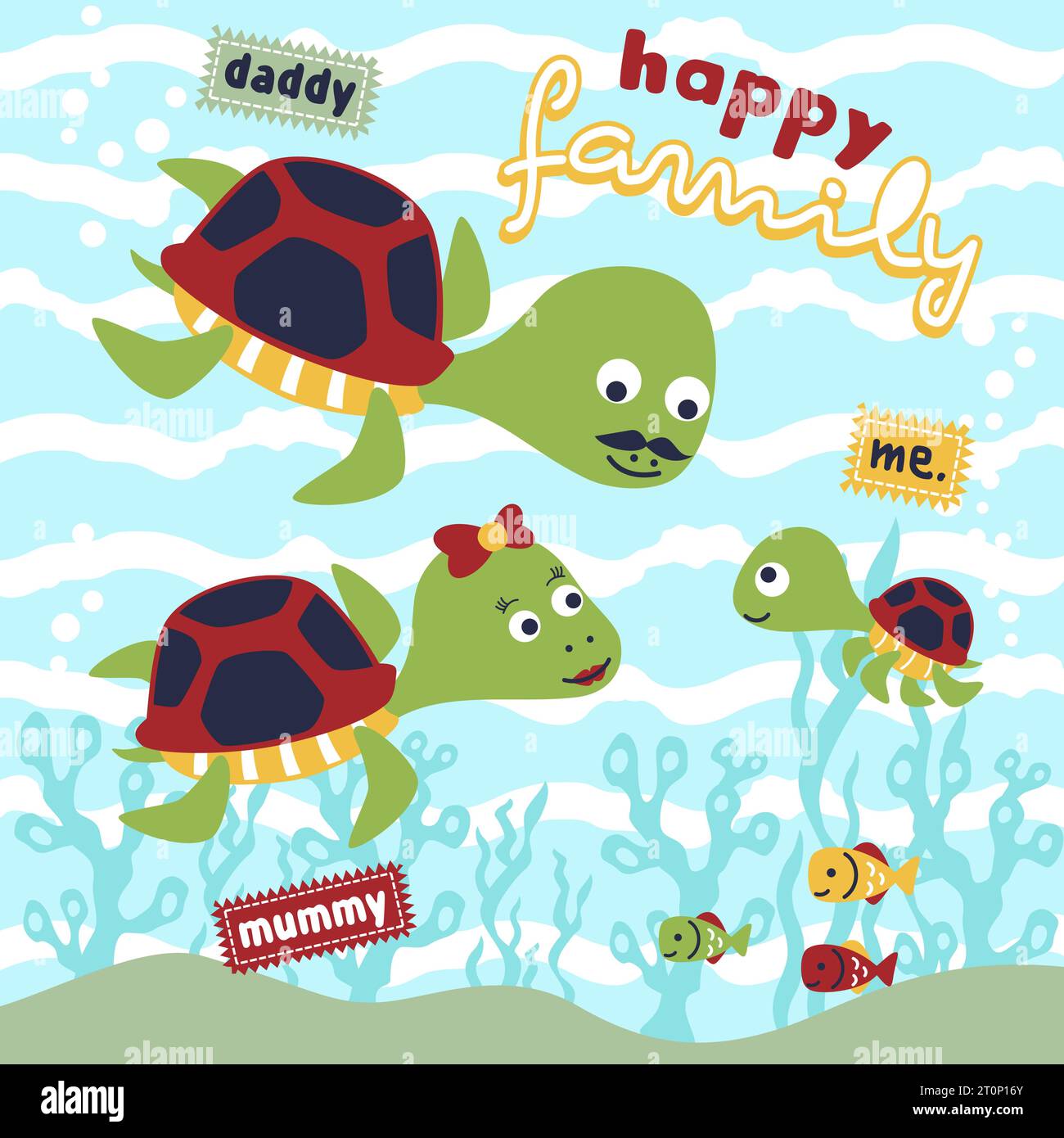 Vector illustration of funny turtle family cartoon, marine animals life ...
