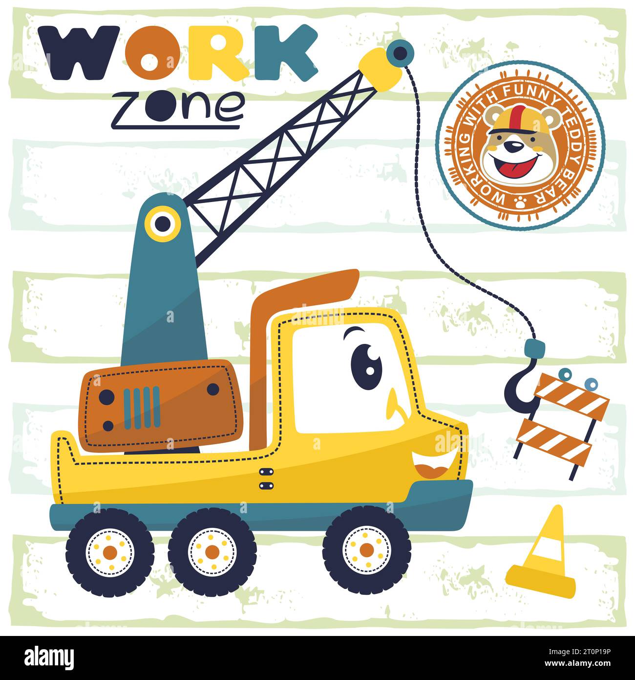 vector cartoon of funny crane truck with smiling face bear and road ...