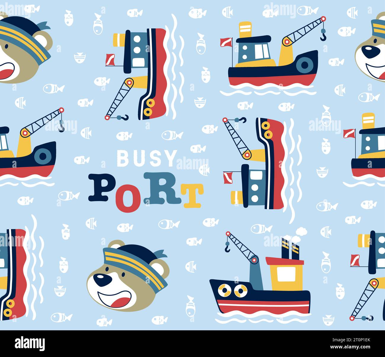 seamless pattern vector of cartoon boats with funny bear and fish Stock ...