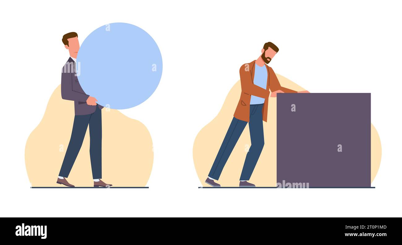 Concept of wrong approach to work, men carrying round object and ...