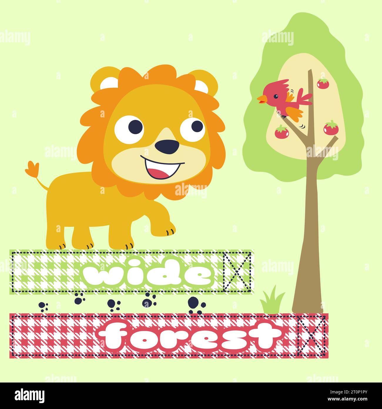 Funny ion with a bird on tree, vector cartoon illustration Stock Vector ...