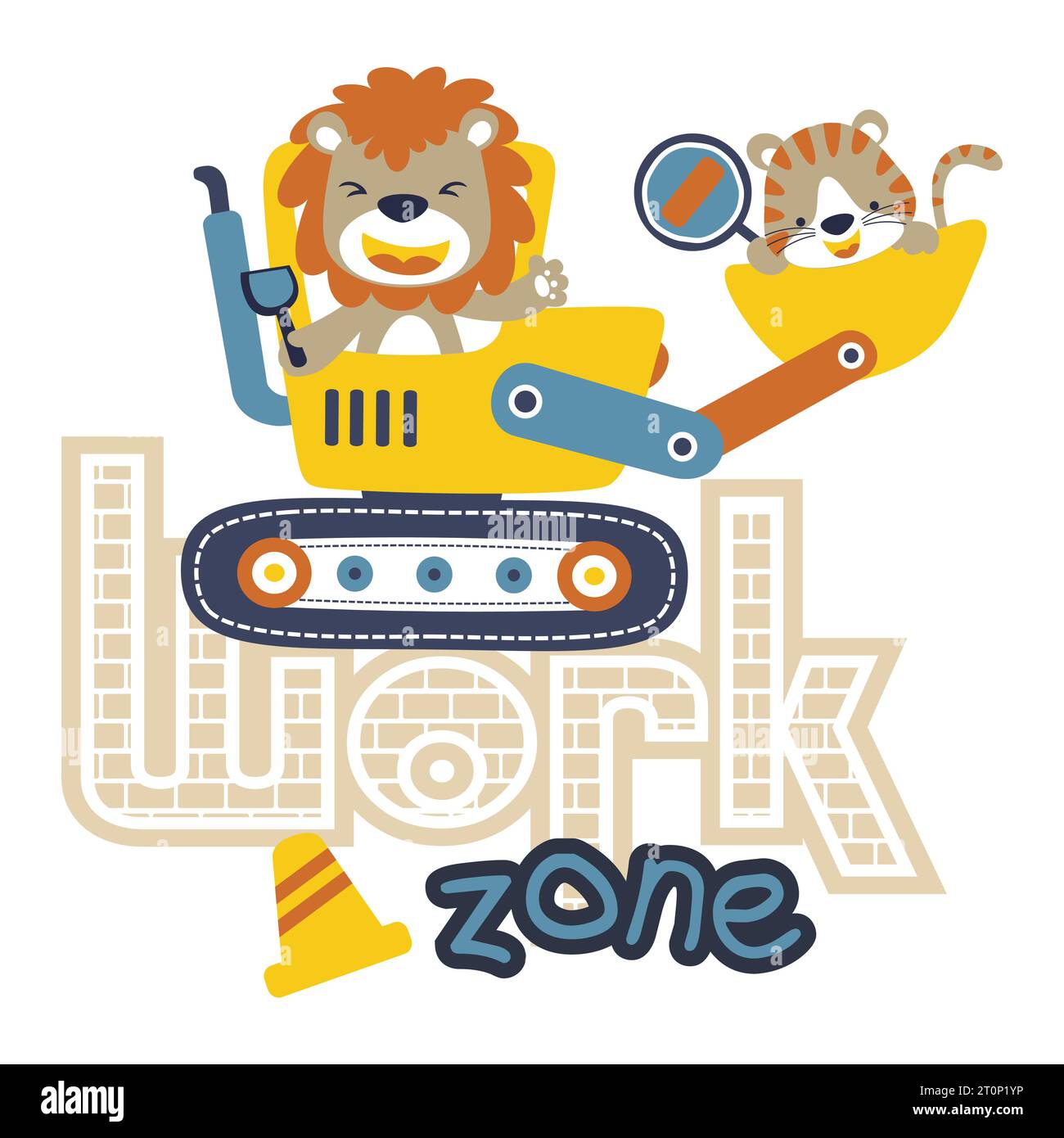 vector cartoon of funny lion with tiger on construction vehicle Stock ...