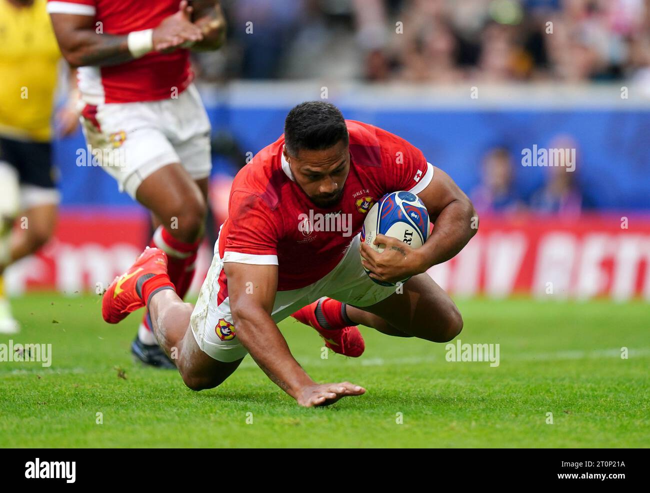 Tonga's George Moala scores their side's second try during the Rugby ...