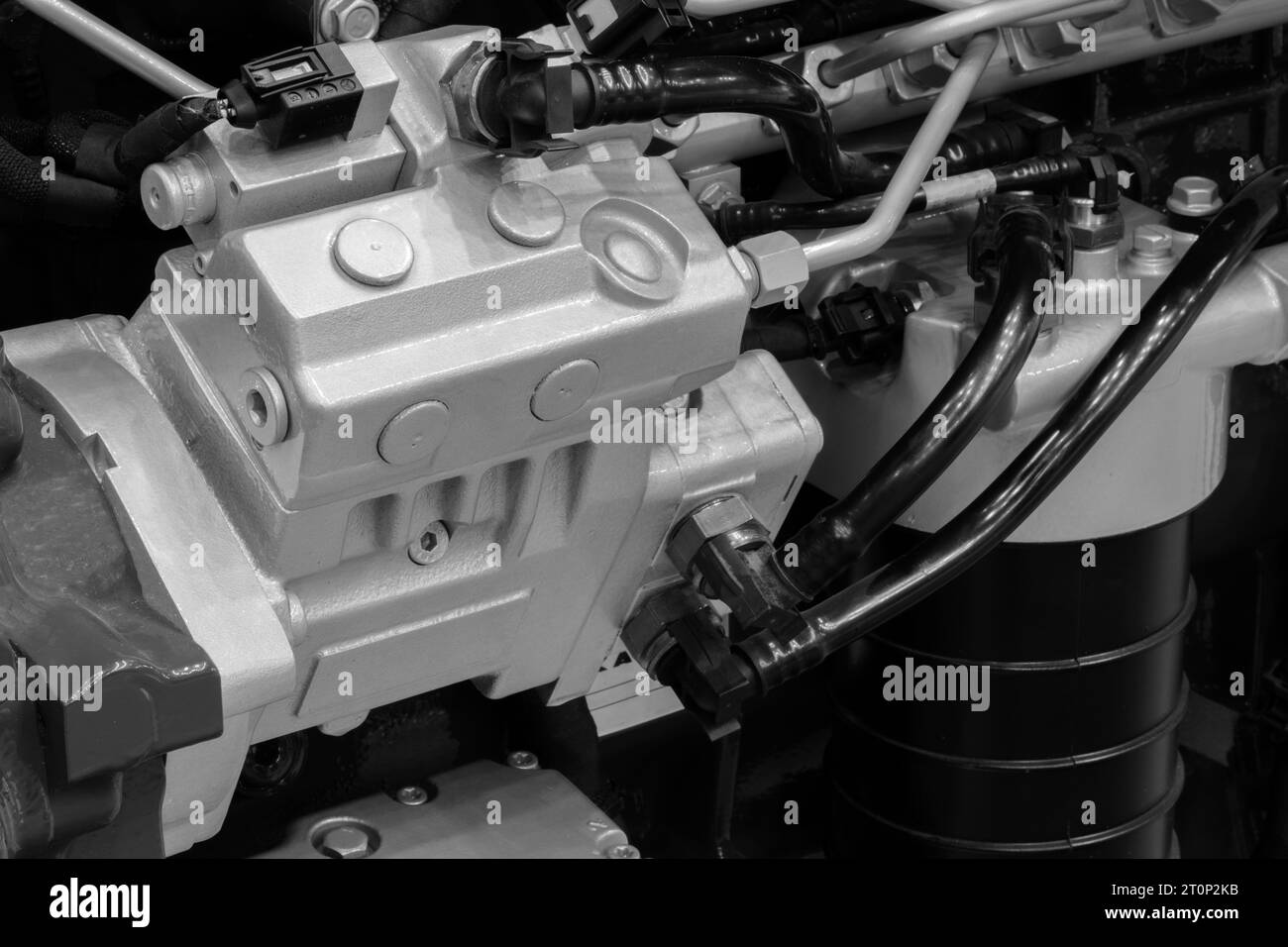 Black diesel engine. Fragment of a diesel motor close-up. Selective on ...