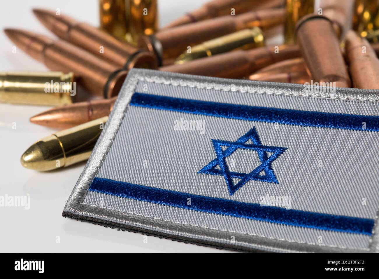 Israel flag with weapon ammunition. War between Israel and Palestine ...