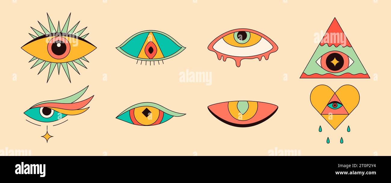 Abstract groovy eyes in Hippie 60s, 70s style. Cartoon hippy stickers ...
