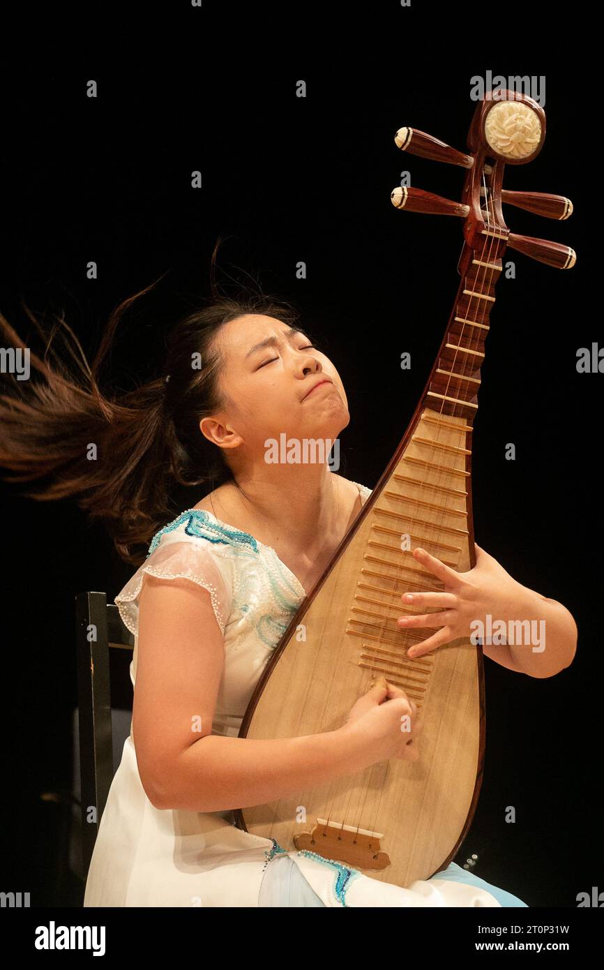 New York, USA. 7th Oct, 2023. Liu Xiaojing, pipa virtuoso from the Central Conservatory of Music ...