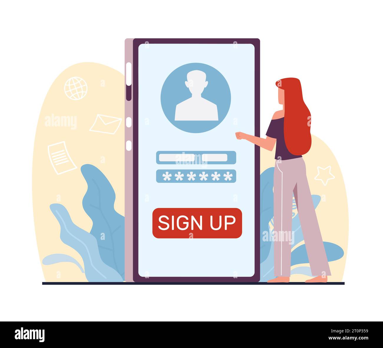 Young girl registering on internet. Girl with huge smartphone, user ...