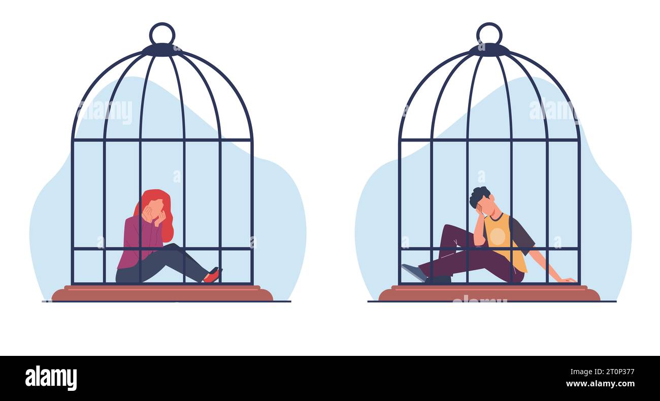 Young man and girl with depression and despair sitting in bird cage ...