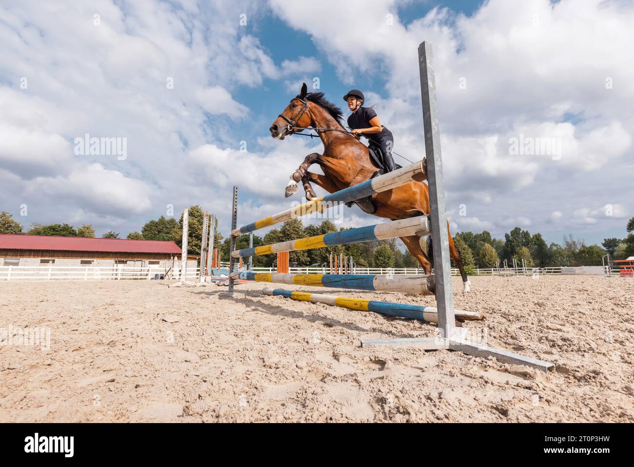 Female rider on chestnut horse jumping over a hurdle at the equestrian ...