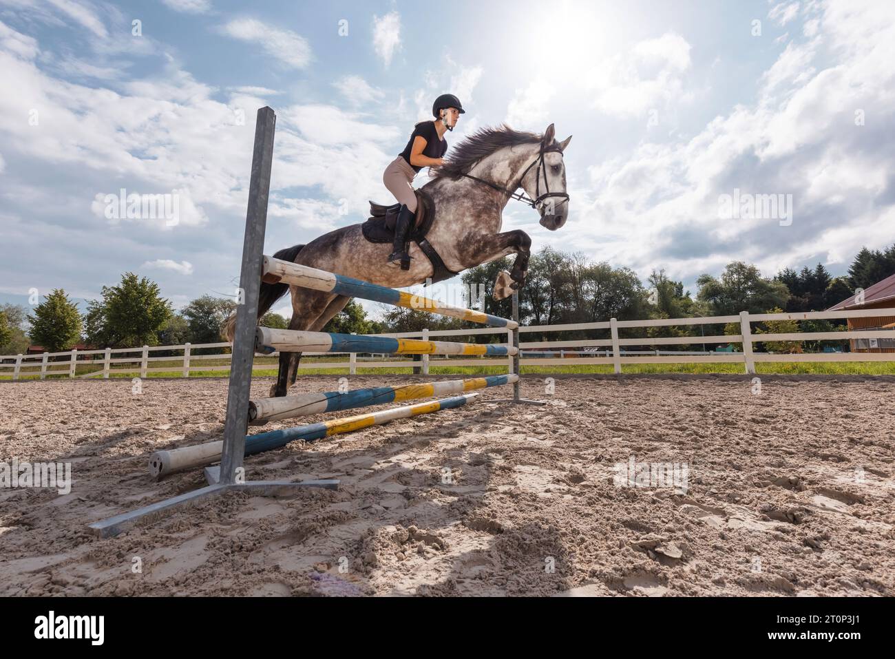 Girl rider on dapple gray horse jumping over triple bars in outdoor ...