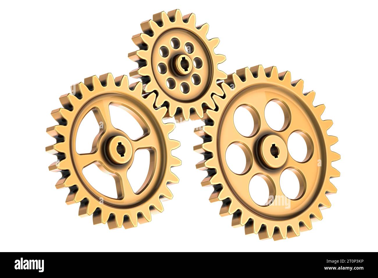 Golden cogs and gear wheel mechanisms, 3D rendering isolated on white ...