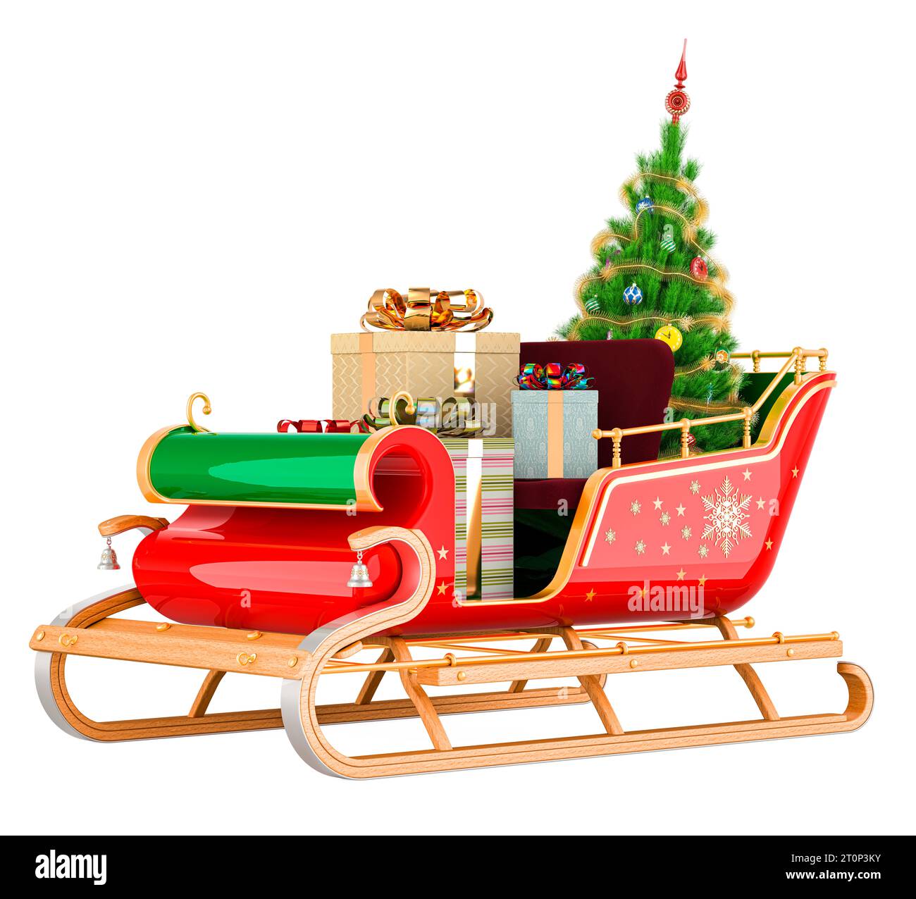 Christmas Santa Sleigh with gifts and Christmas tree. 3D rendering ...