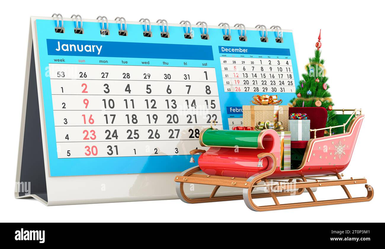 Desk calendar with Christmas Santa Sleigh full of gifts and Christmas ...