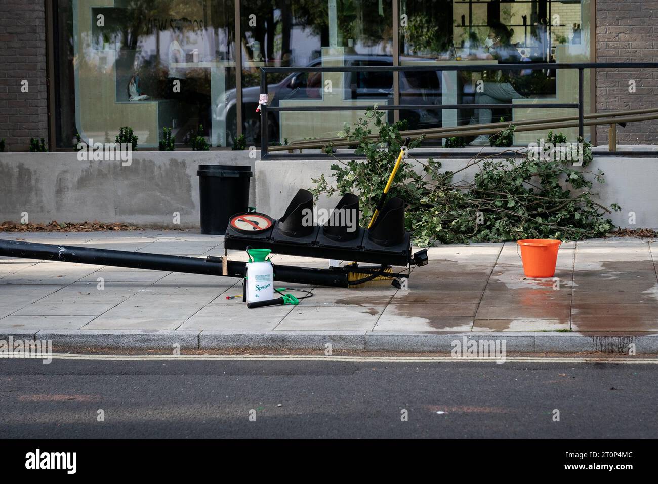 A toppled traffic light on a film set on Spa Road, in Bermondsey, south ...