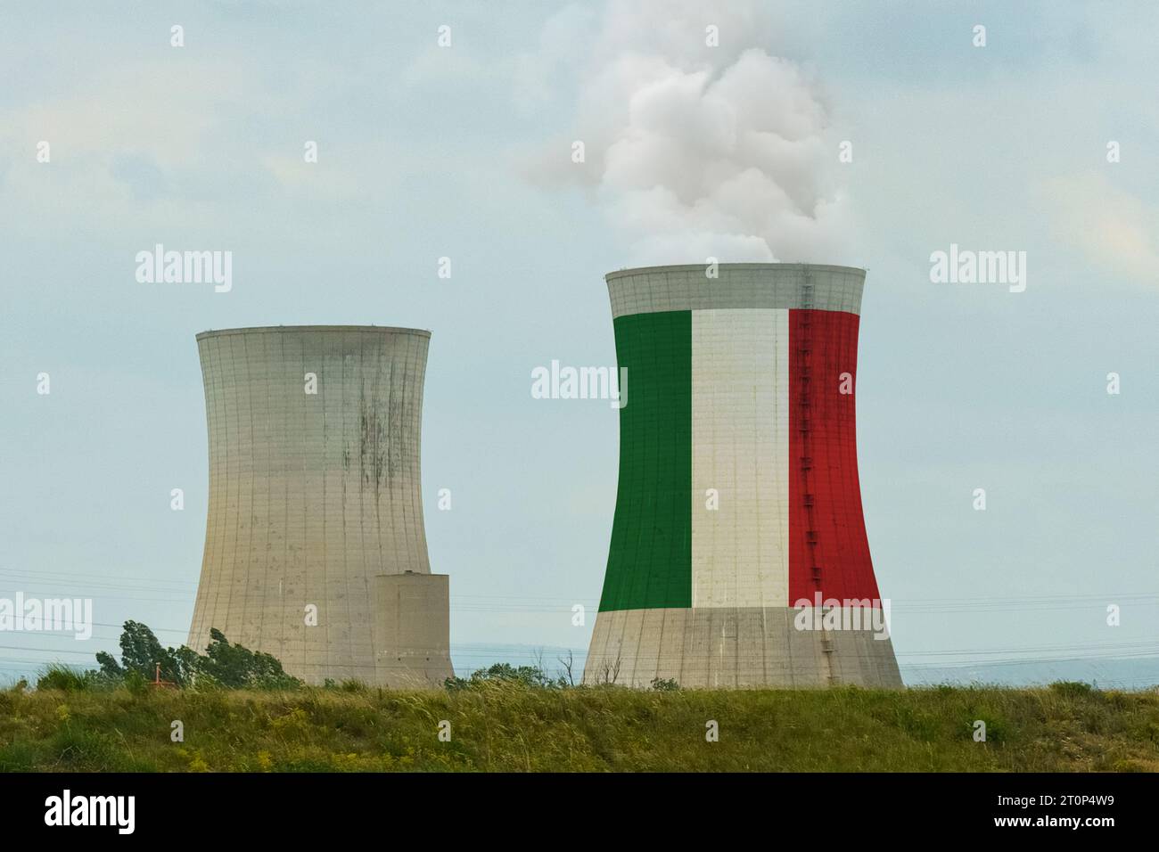 The flag of Italy is depicted on the cooling tower of the nuclear power ...