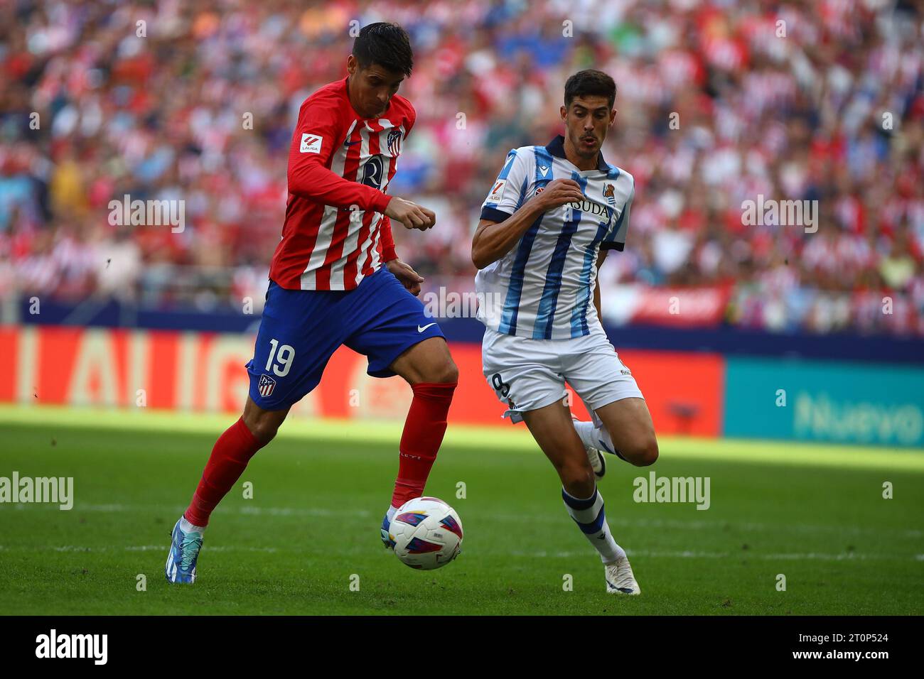 Madrid, Spain. 08th Oct, 2023. Atletico´s Morata (L) and Real Sociedad ...