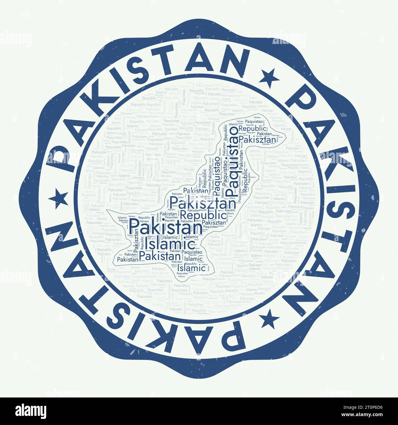Pakistan logo. Artistic country badge with word cloud in shape of Pakistan. Round emblem with ...