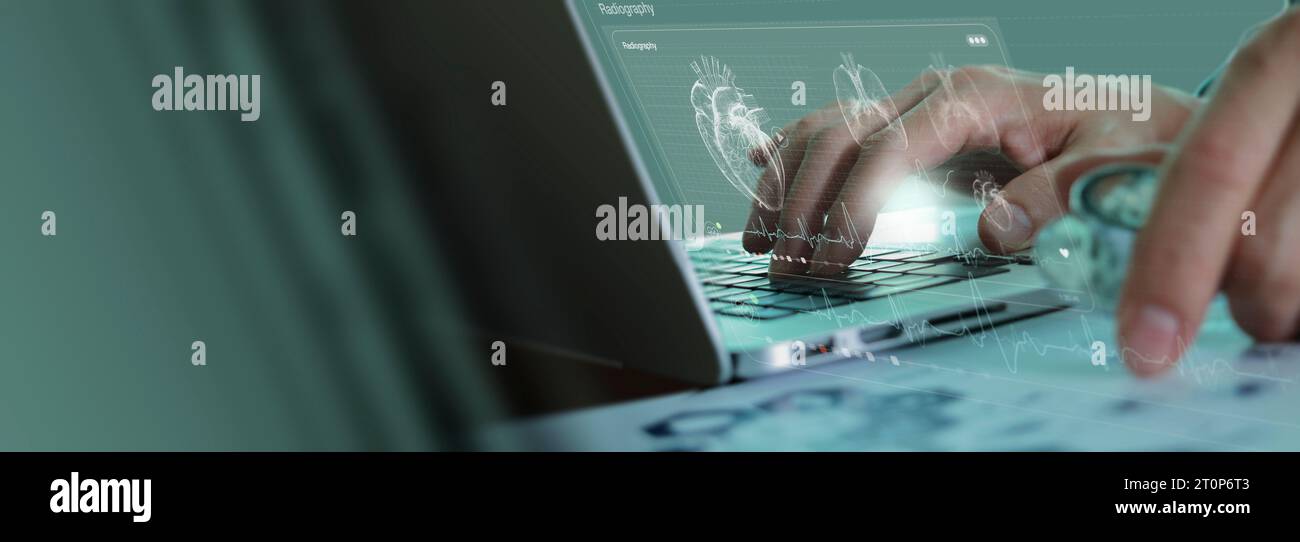 Cardiologist doctor using laptop computer examine patient heart ...