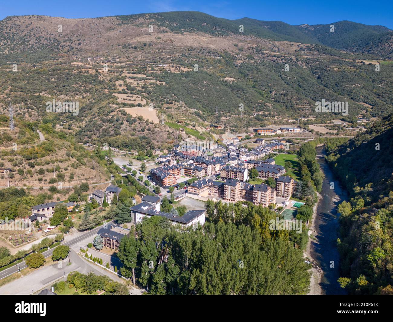 Aerial drone photo of the town named Rialp in the region of Lerida ...
