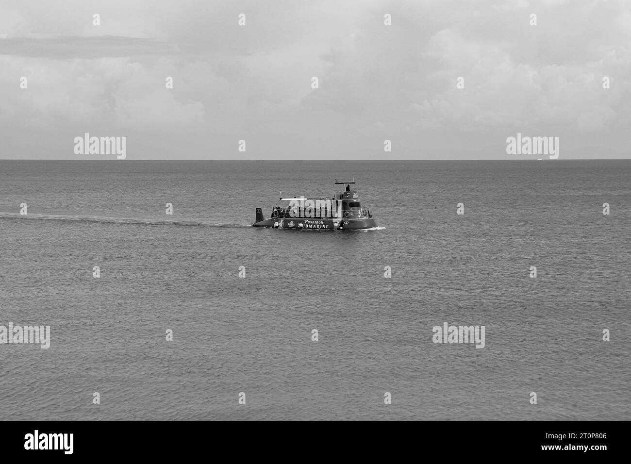 Poseidon Submarine boat mid tour in the ocean off Rhodes city departing ...