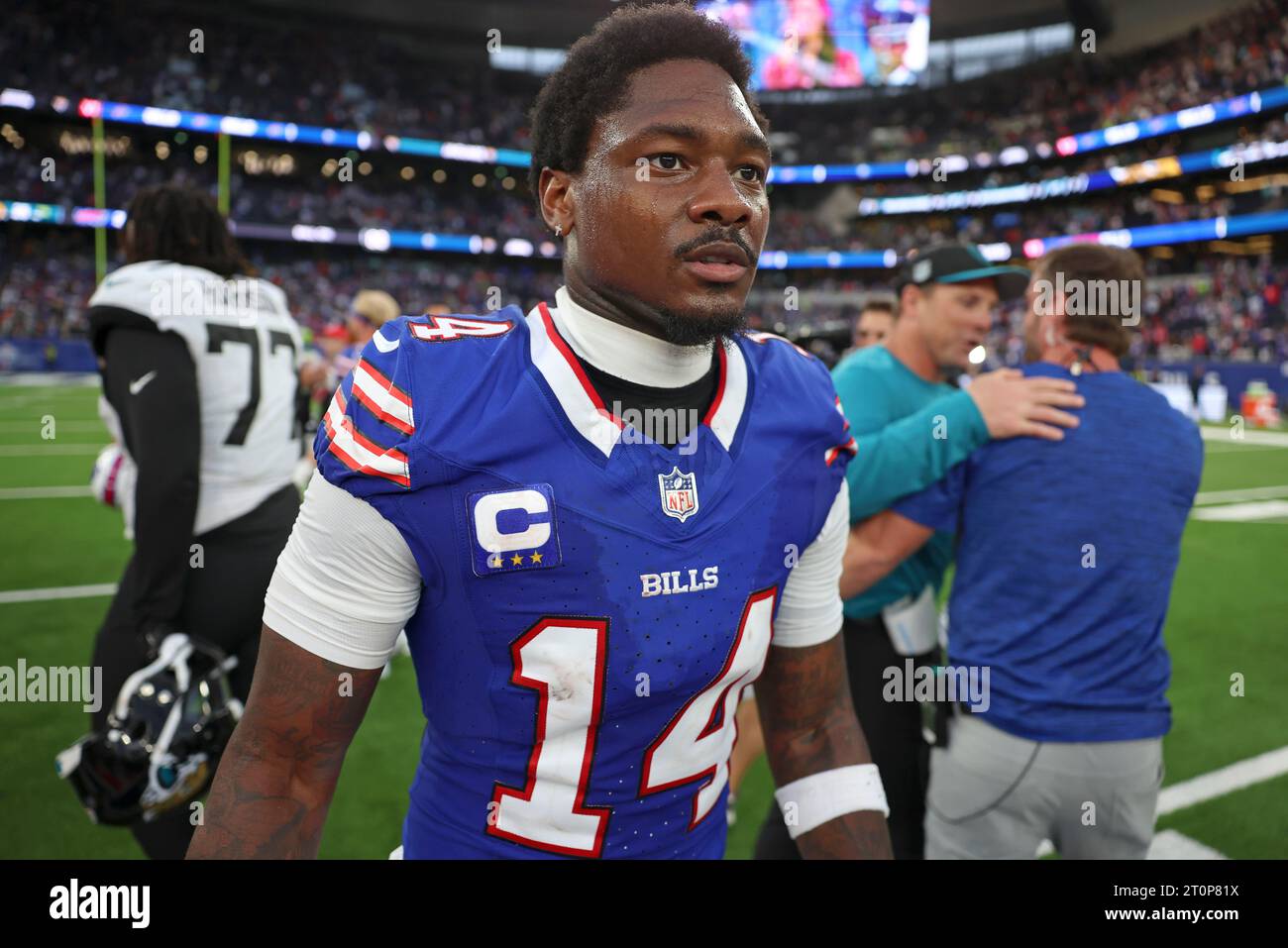 Buffalo Bills wide receiver Stefon Diggs (14) leaves the field after an ...